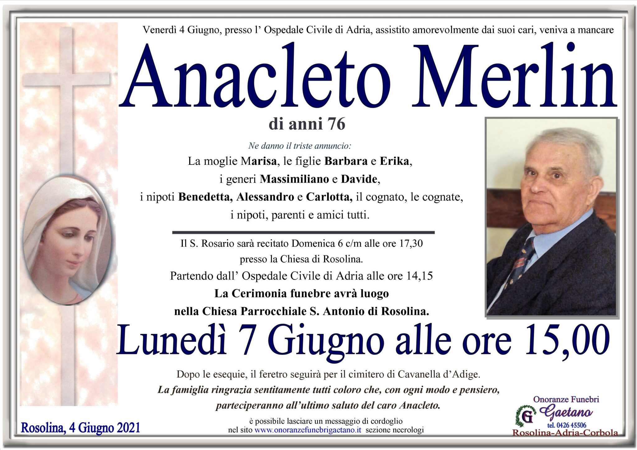 Necrologio di ANACLETO MERLIN - Onoranze Funebri Gaetano