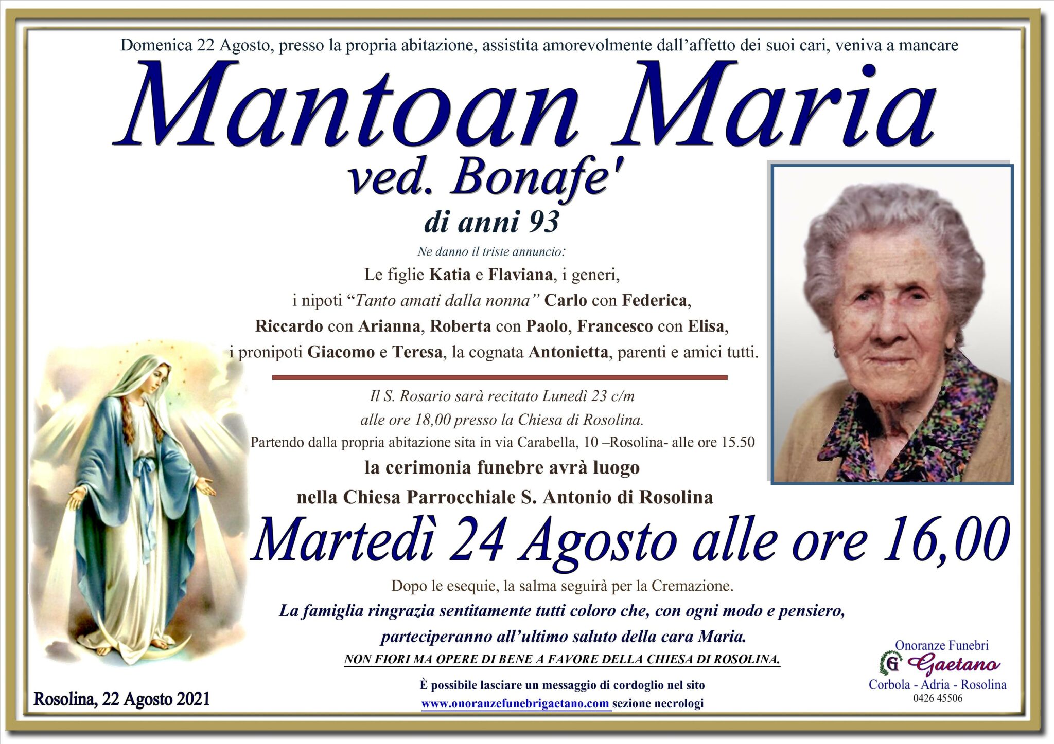 Necrologio di MANTOAN MARIA - Onoranze Funebri Gaetano