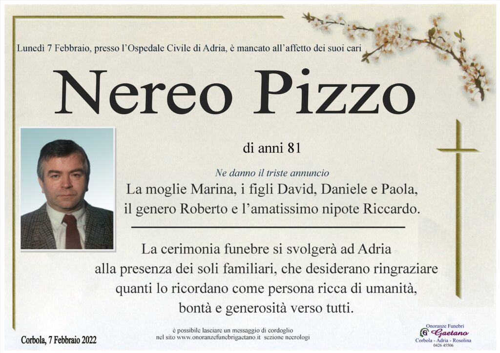 Necrologio di NEREO PIZZO - Onoranze Funebri Gaetano