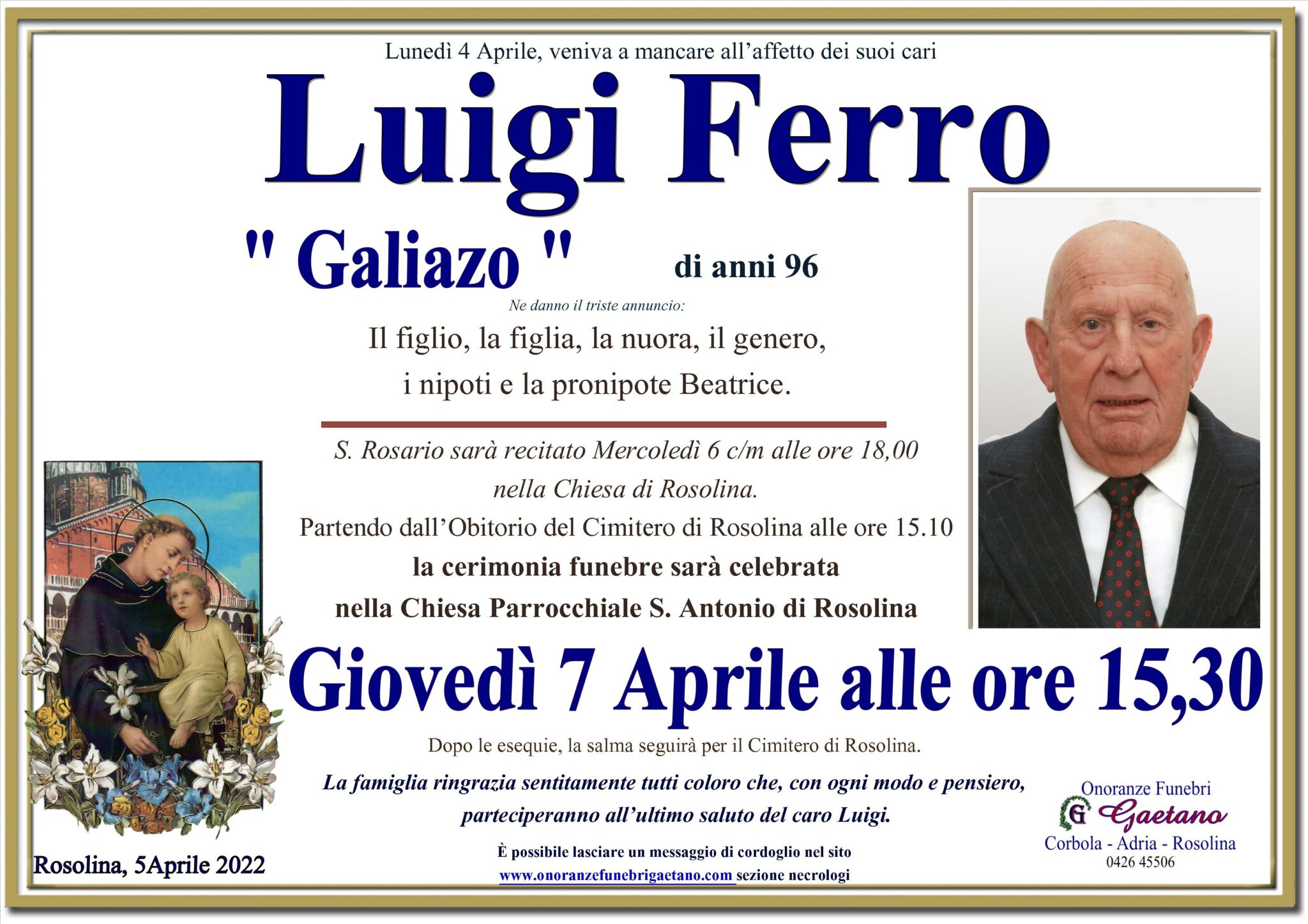 Necrologio di LUIGI FERRO " Galiazo " - Onoranze Funebri Gaetano