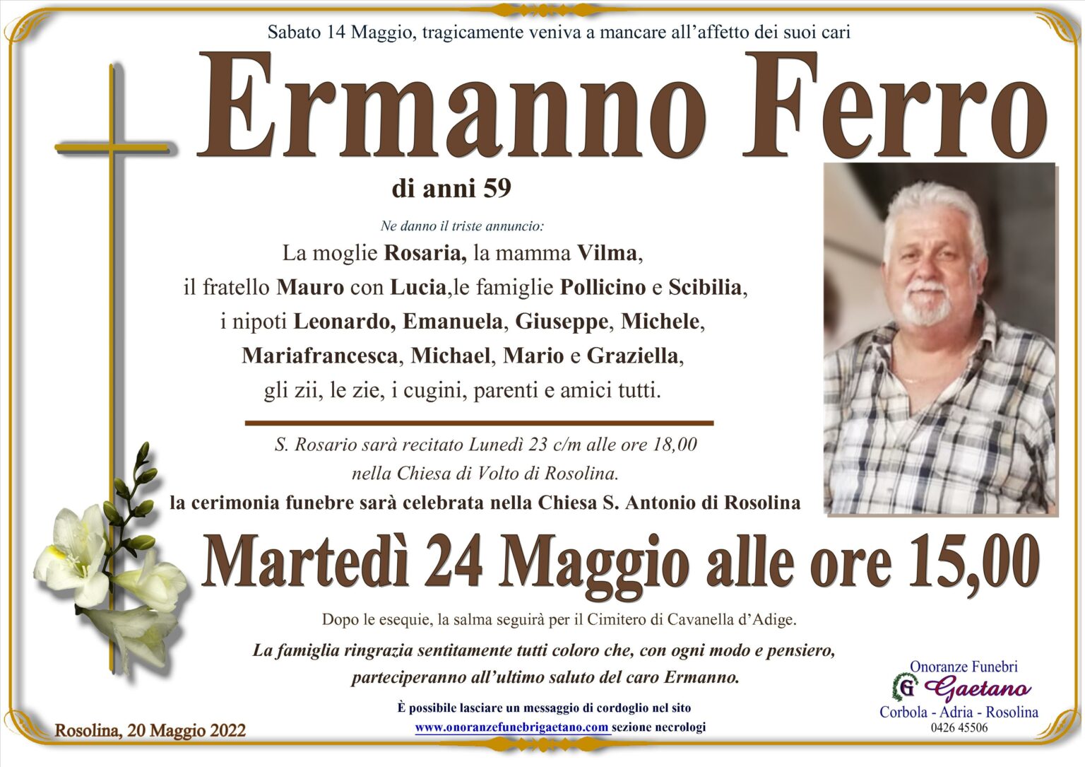 Necrologio di Ermanno Ferro - Onoranze Funebri Gaetano