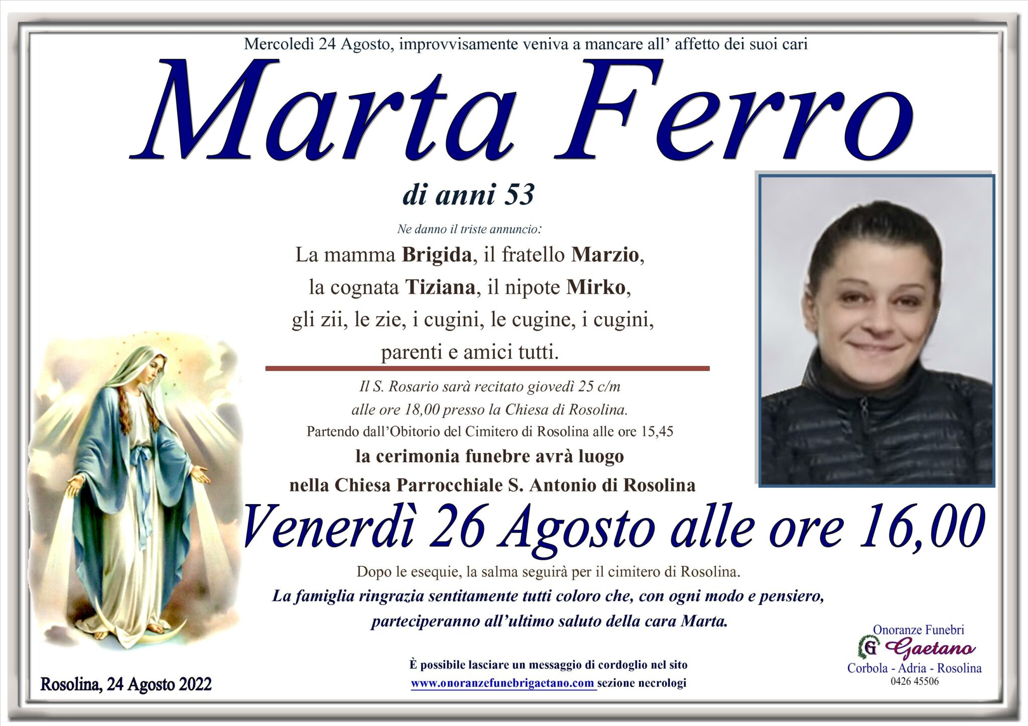 Necrologio di Marta Ferro - Onoranze Funebri Gaetano
