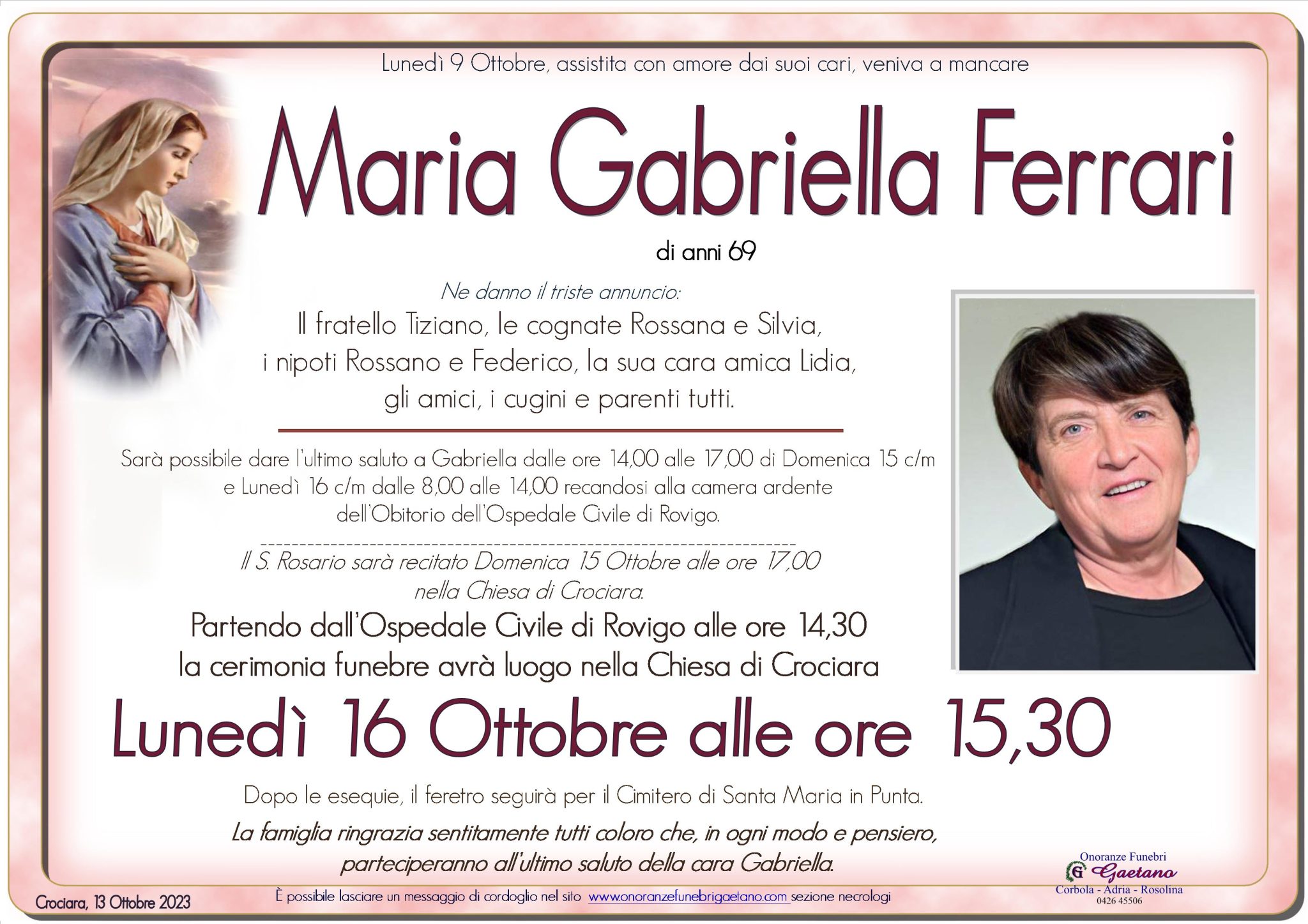 Necrologio di Maria Gabriella Ferrari - Onoranze Funebri Gaetano