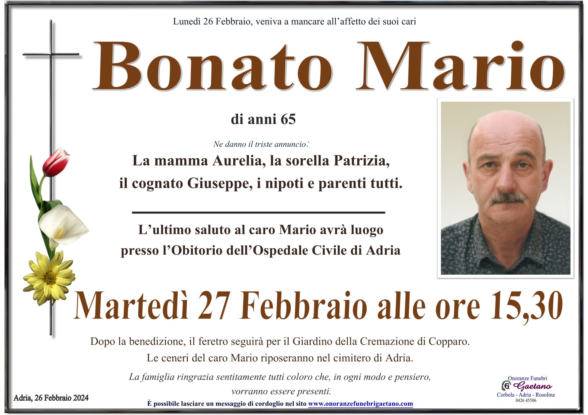 Necrologio di Bonato Mario - Onoranze Funebri Gaetano