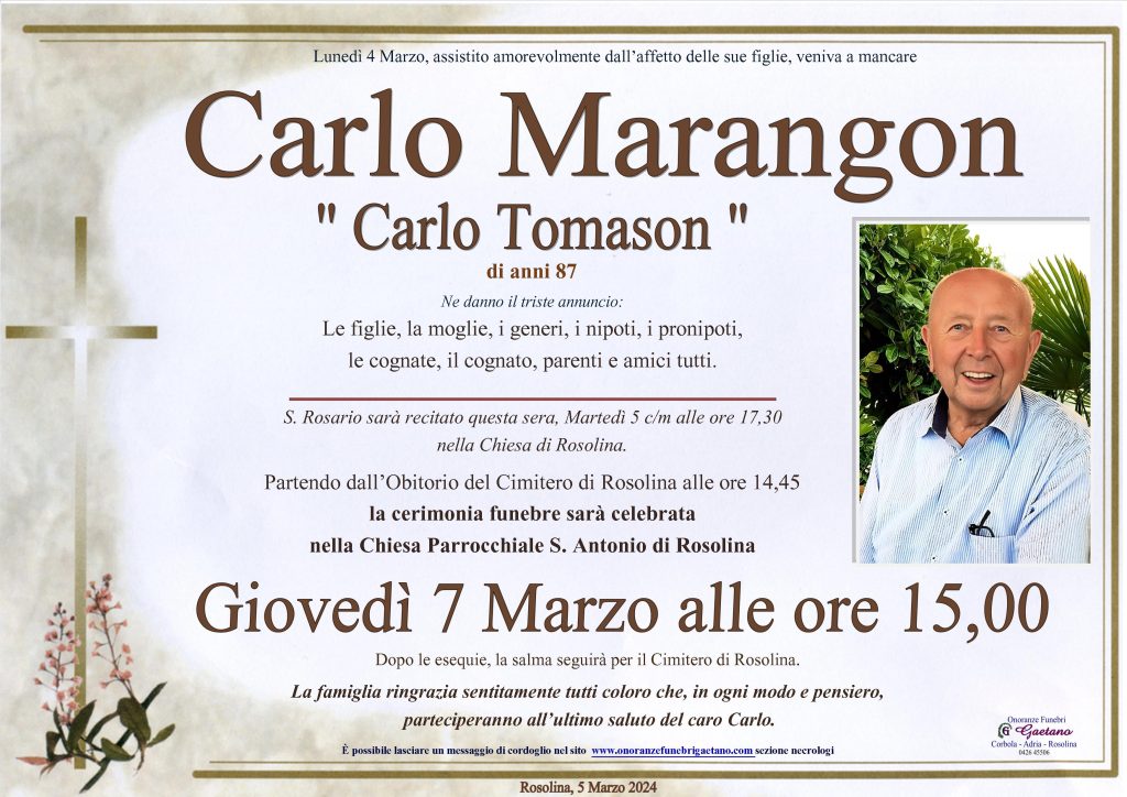 Necrologio di Carlo Marangon " Carlo Tomason" - Onoranze Funebri Gaetano