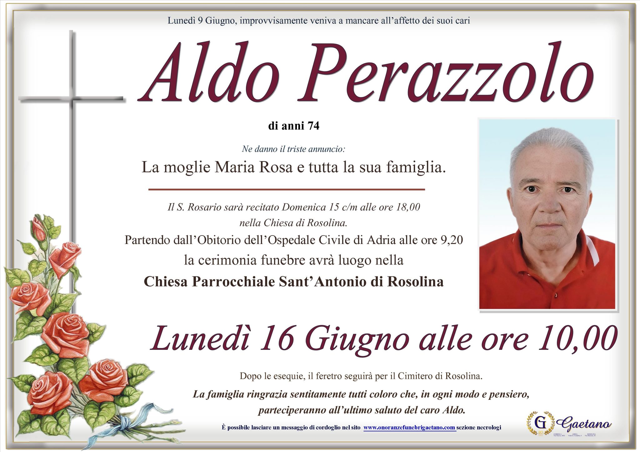 Necrologio di Perazzolo Aldo - Onoranze Funebri Gaetano