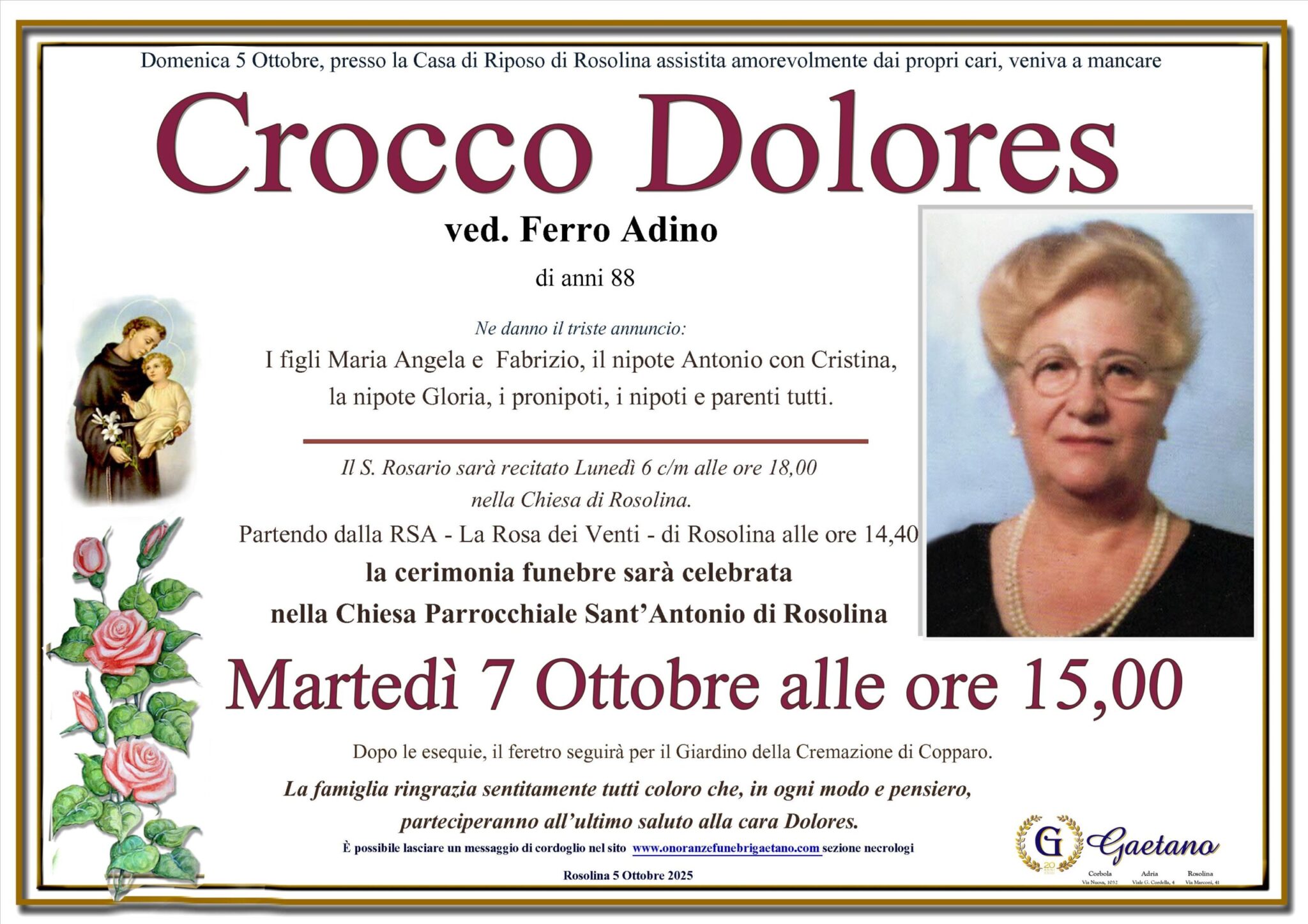 Necrologio di CROCCO DOLORES - Onoranze Funebri Gaetano