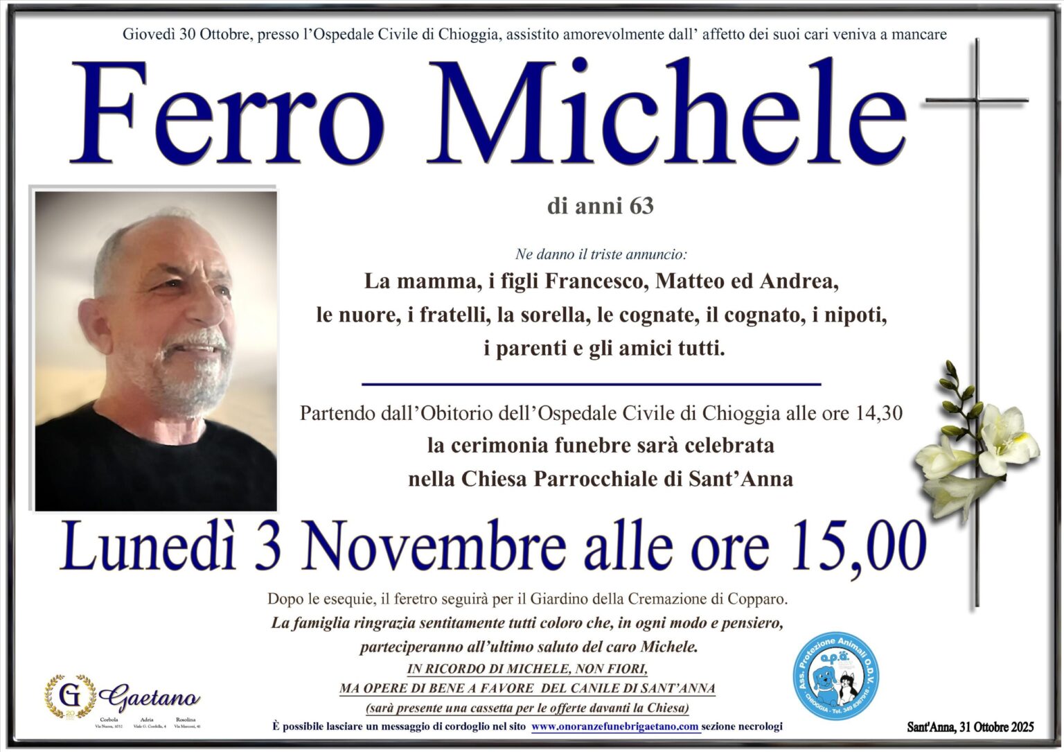 Necrologio di Ferro Michele - Onoranze Funebri Gaetano