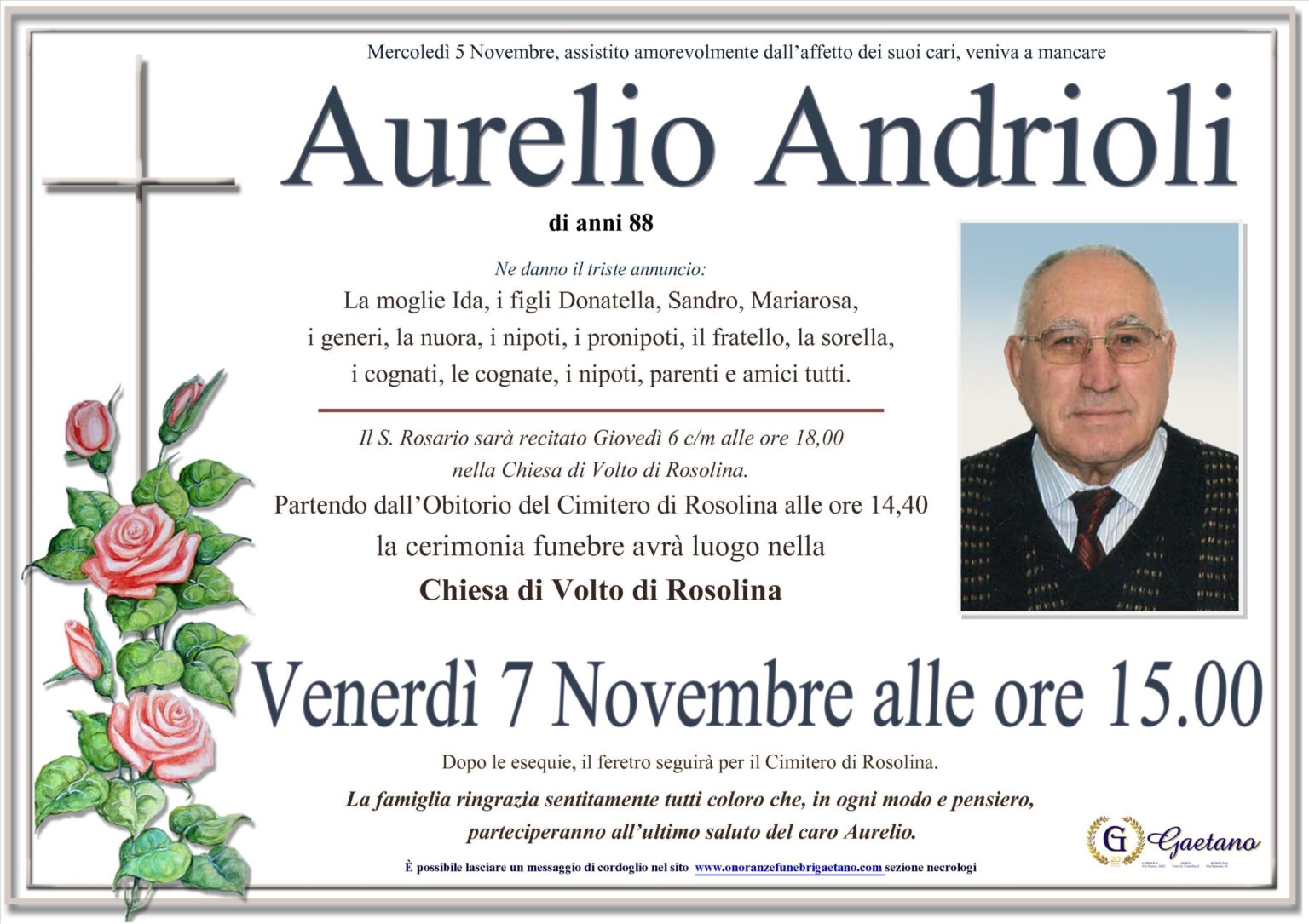 Necrologio di Aurelio Andrioli - Onoranze Funebri Gaetano
