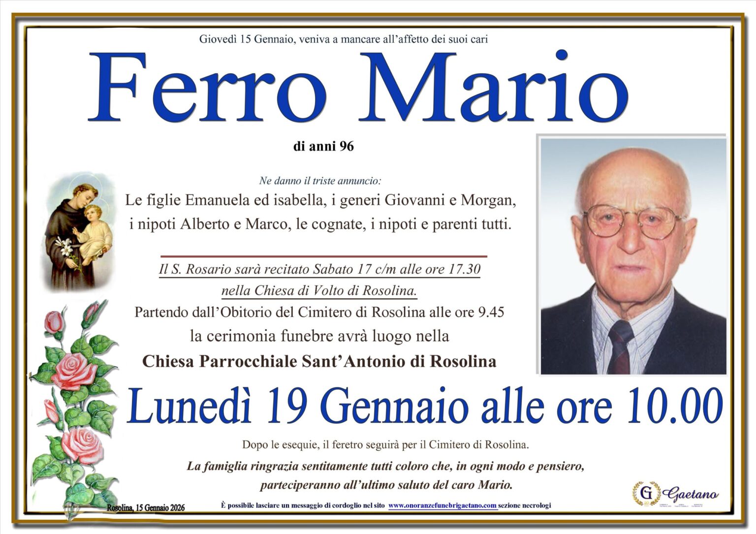 Necrologio di Ferro Mario - Onoranze Funebri Gaetano