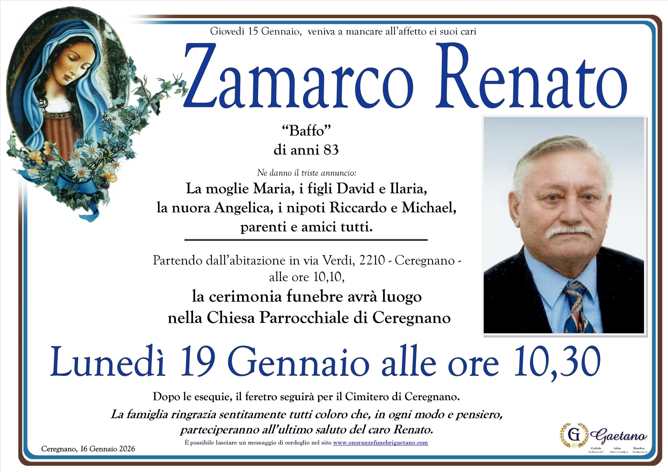 Necrologio di Zamarco Renato - Onoranze Funebri Gaetano